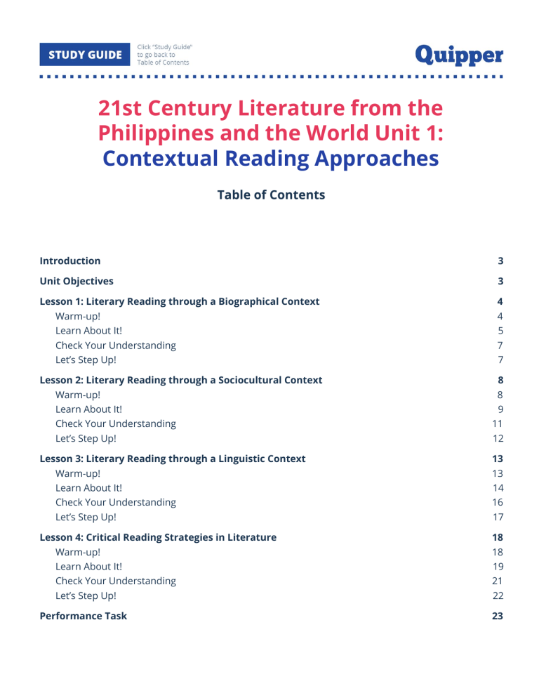Literature Unit 1 Contextual Reading Approaches Literature Unit 1 Contextual Reading Approaches