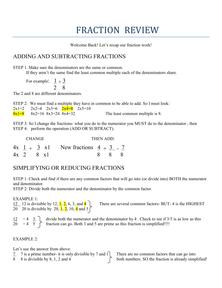 Fraction Review: Adding, Subtracting, Multiplying, Dividing