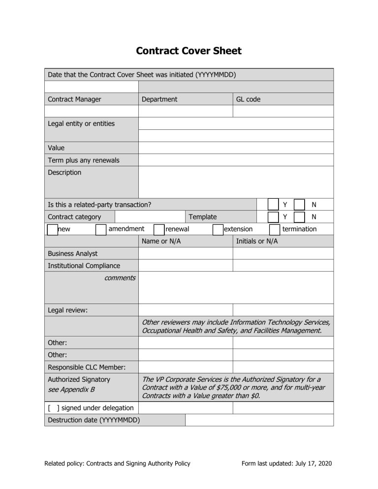 Contract Cover Sheet