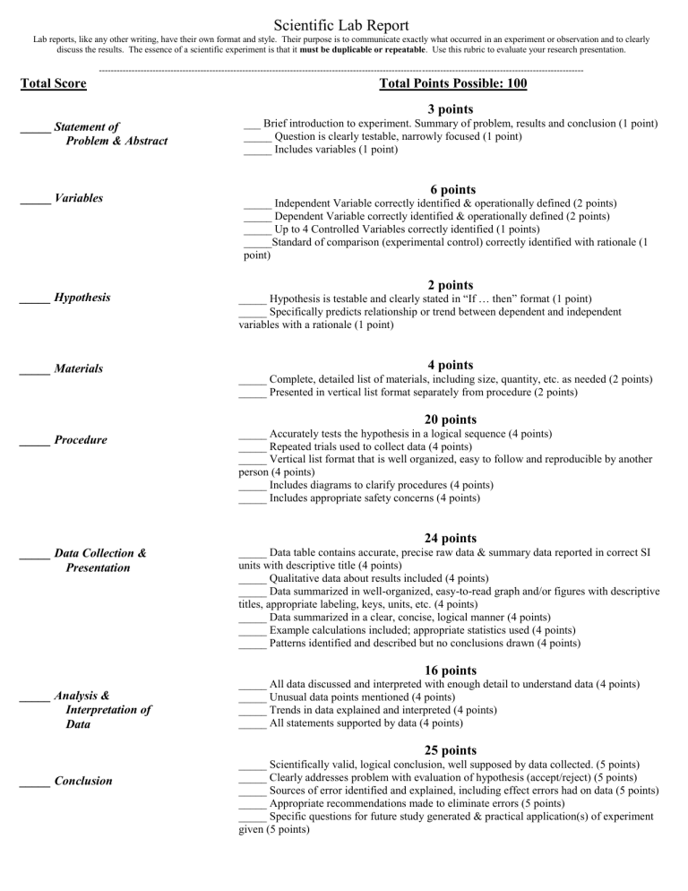 Lab Report Rubric: Science Experiment Evaluation
