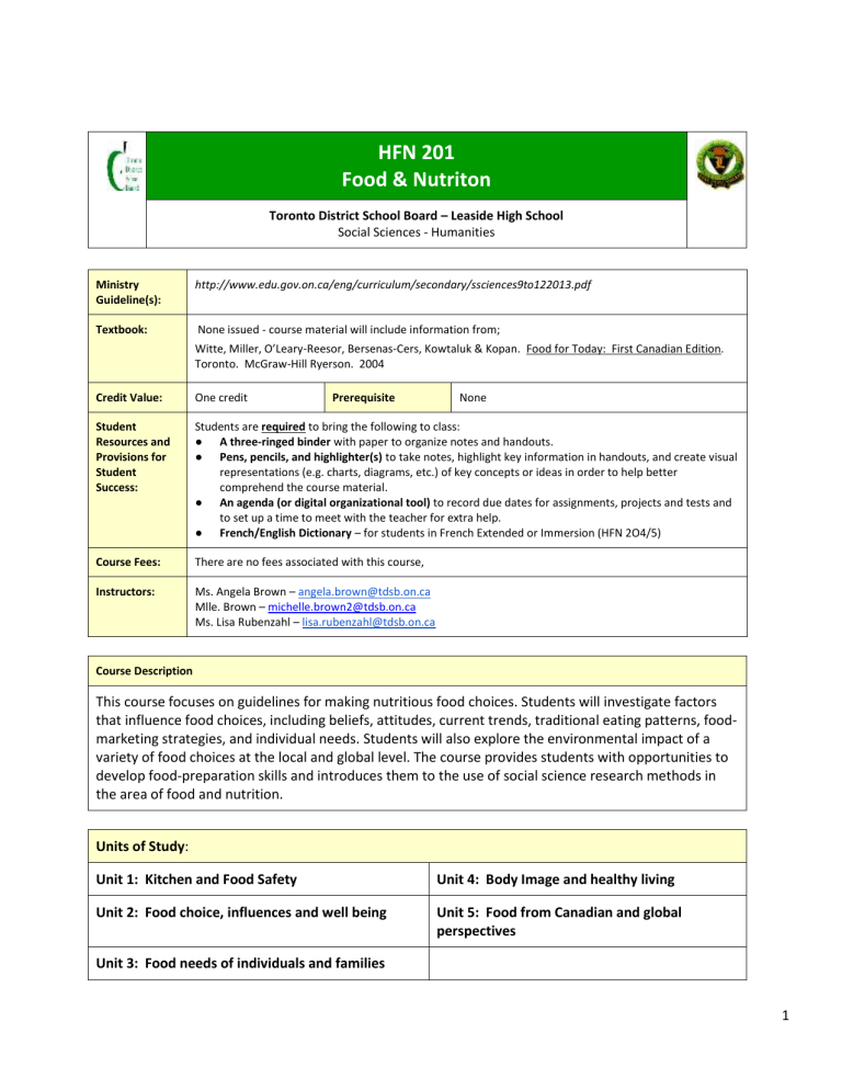 HFN 201 Food & Nutrition Course Outline