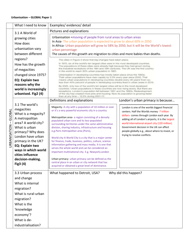 Urbanization: Global Study Notes - Geography