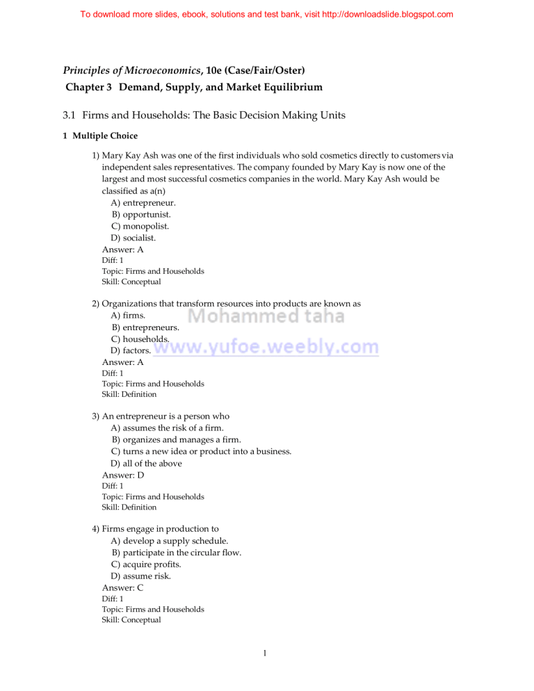 Microeconomics Test Bank: Demand, Supply, Equilibrium