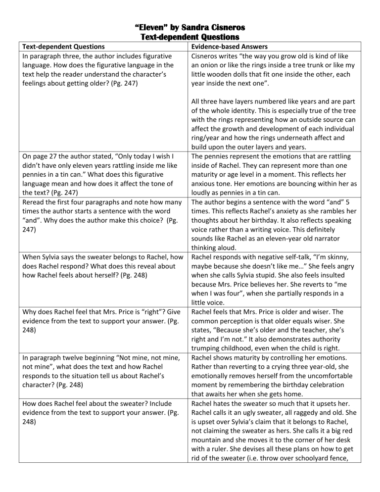 Eleven Text dependent Questions Answer Key
