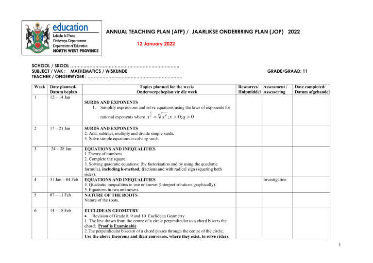 Grade 11 ATP Mathematics Jan 2022