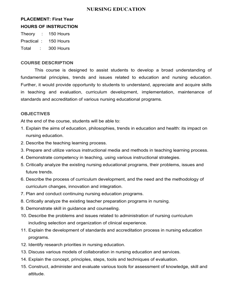 Nursing Education Course Syllabus: First Year