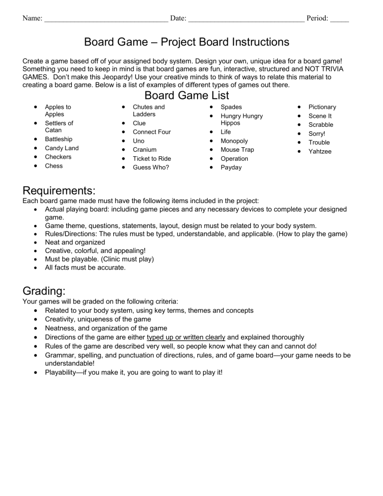 Board Game Project Board Instructions