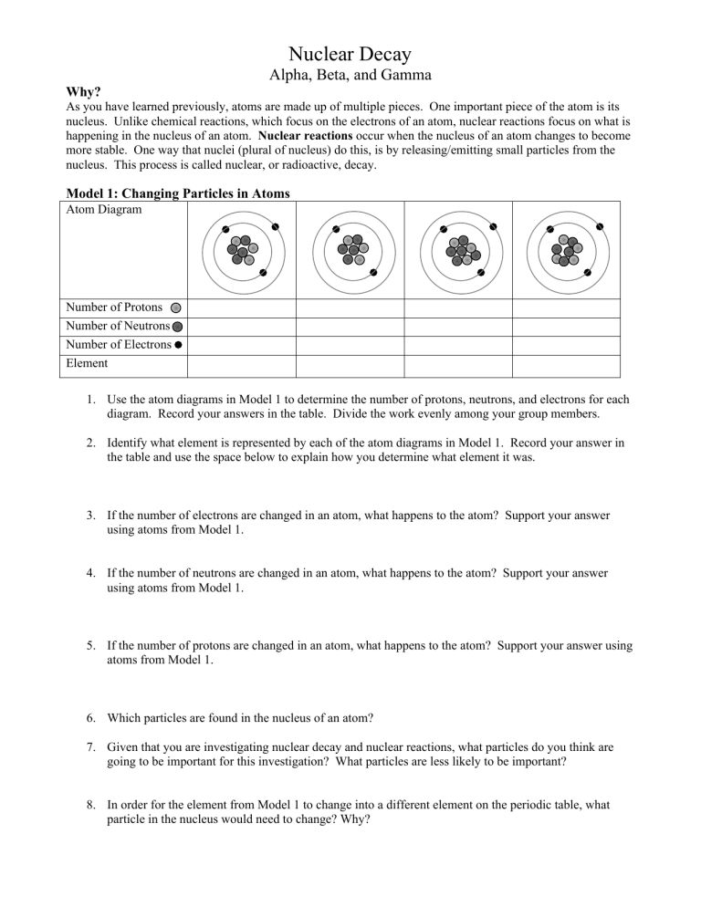 Nuclear Decay: Alpha, Beta, Gamma Worksheet