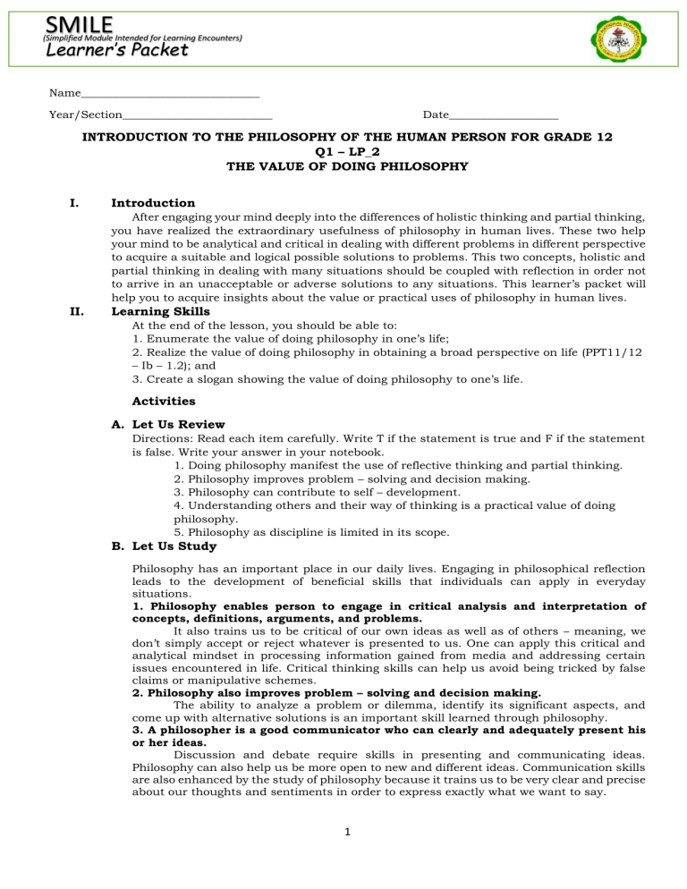 Philosophy Value: Grade 12 Learner's Packet