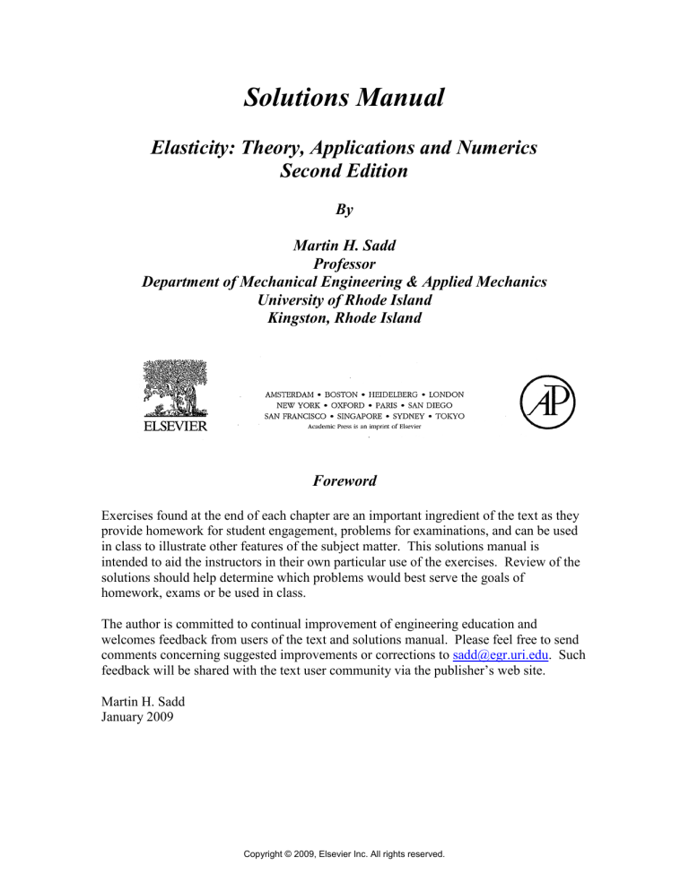 Manual de Soluciones Elasticidad: Teoría, Aplicaciones y Numéricos
