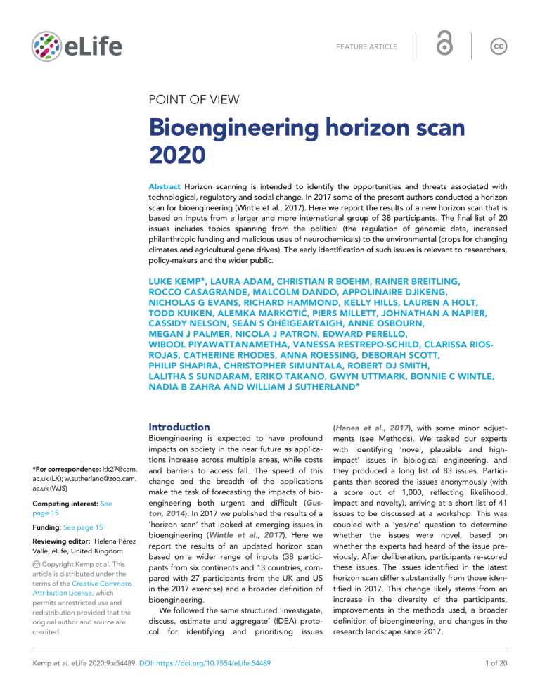 Bioengineering Horizon Scan 2020: Emerging Issues