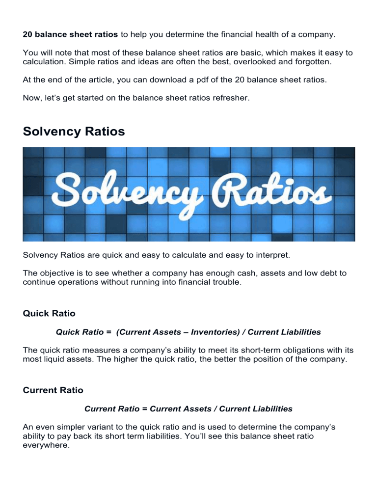 20 Balance Sheet Ratios