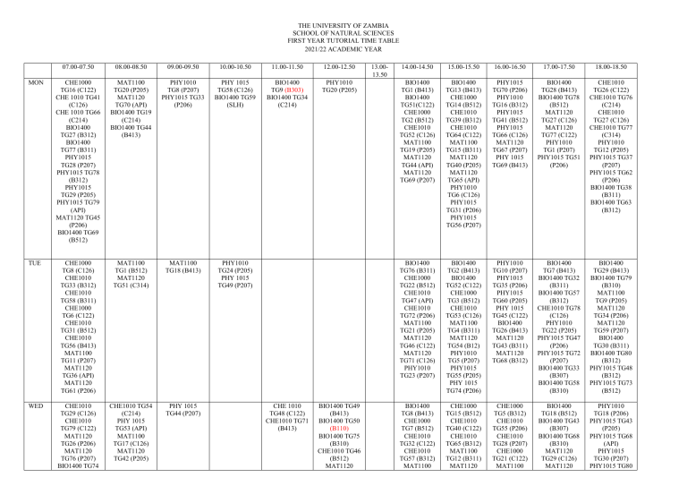 2021 22 FIRST YEAR TUTORIAL TIMETABLE