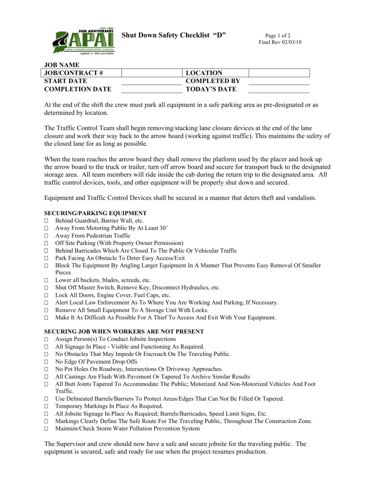 Shut Down Safety Checklist "D"