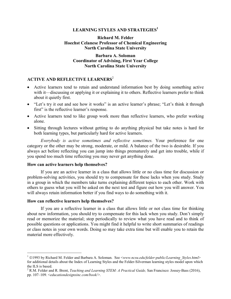 Learning Styles and Strategies: Active, Reflective, Visual