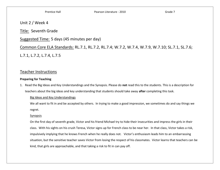 Seventh Grade Lesson Plan: Teacher's Guide