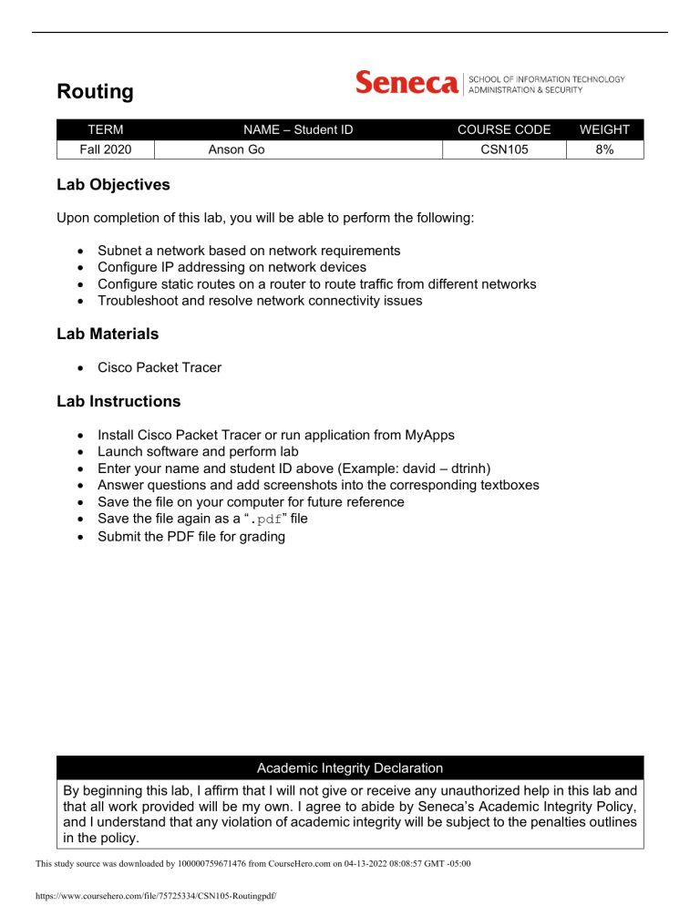Networking Lab: Routing with Cisco Packet Tracer