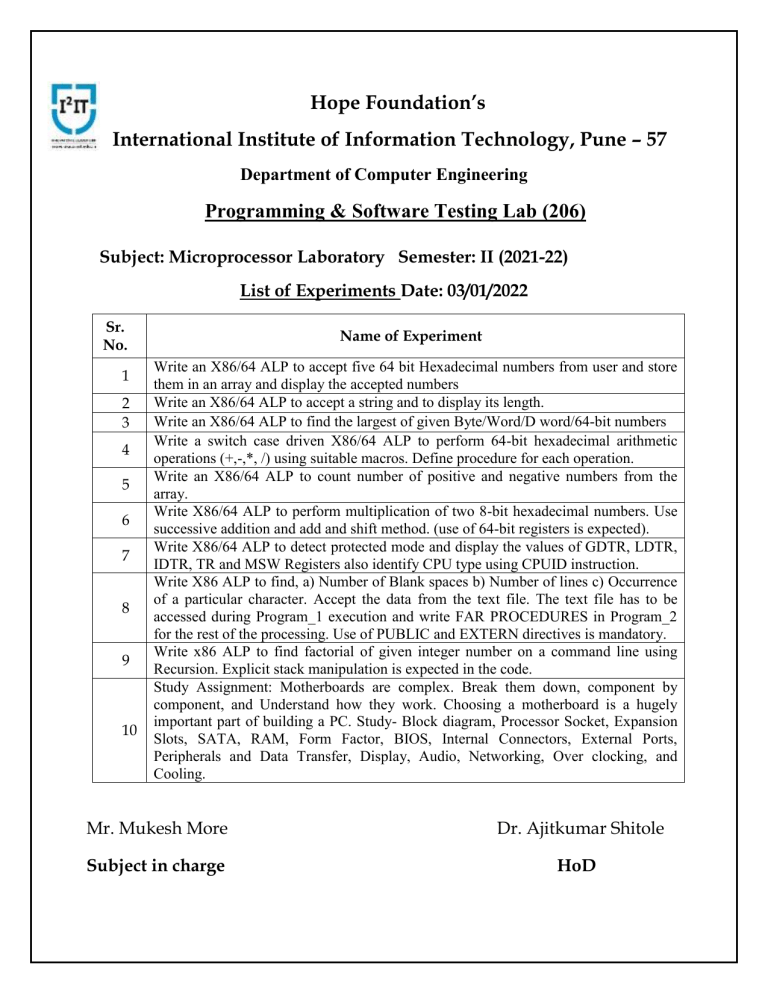 Microprocessor Lab Experiments: X86/64 Assembly
