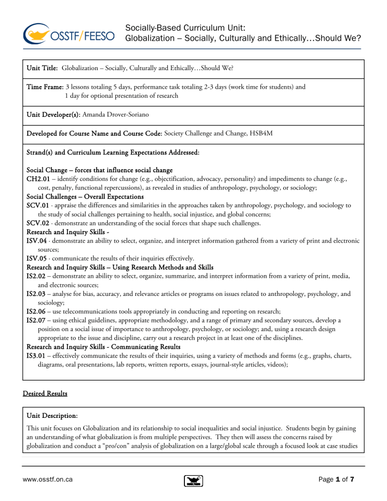 Globalization Curriculum Unit: Social, Cultural, Ethical