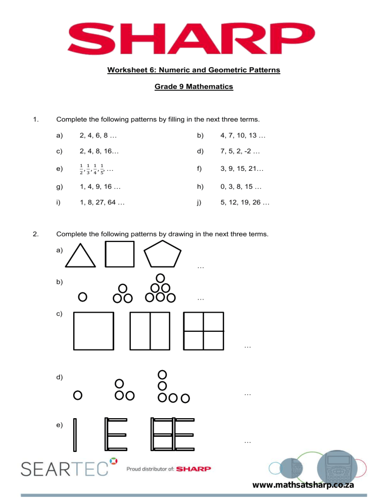 Grade 9 Math Numeric Geometric Patterns Worksheet
