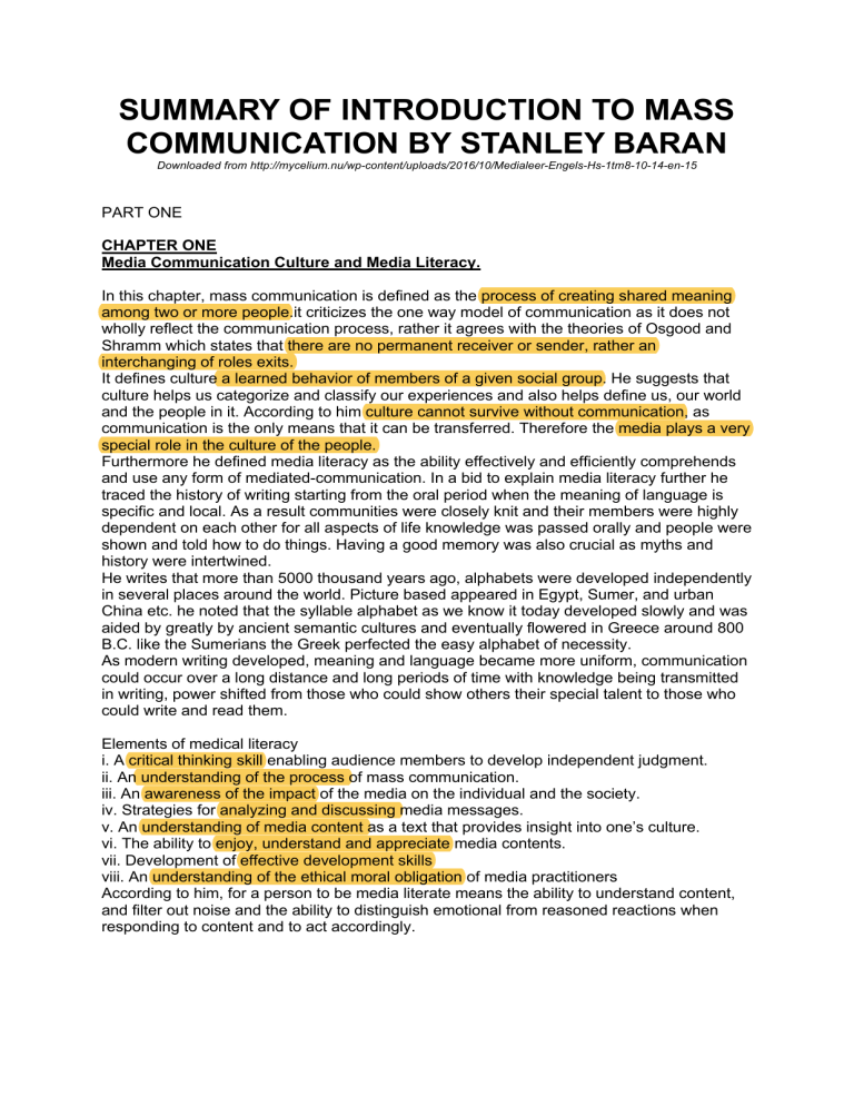Baran Summary Of Introduction To Mass Communication