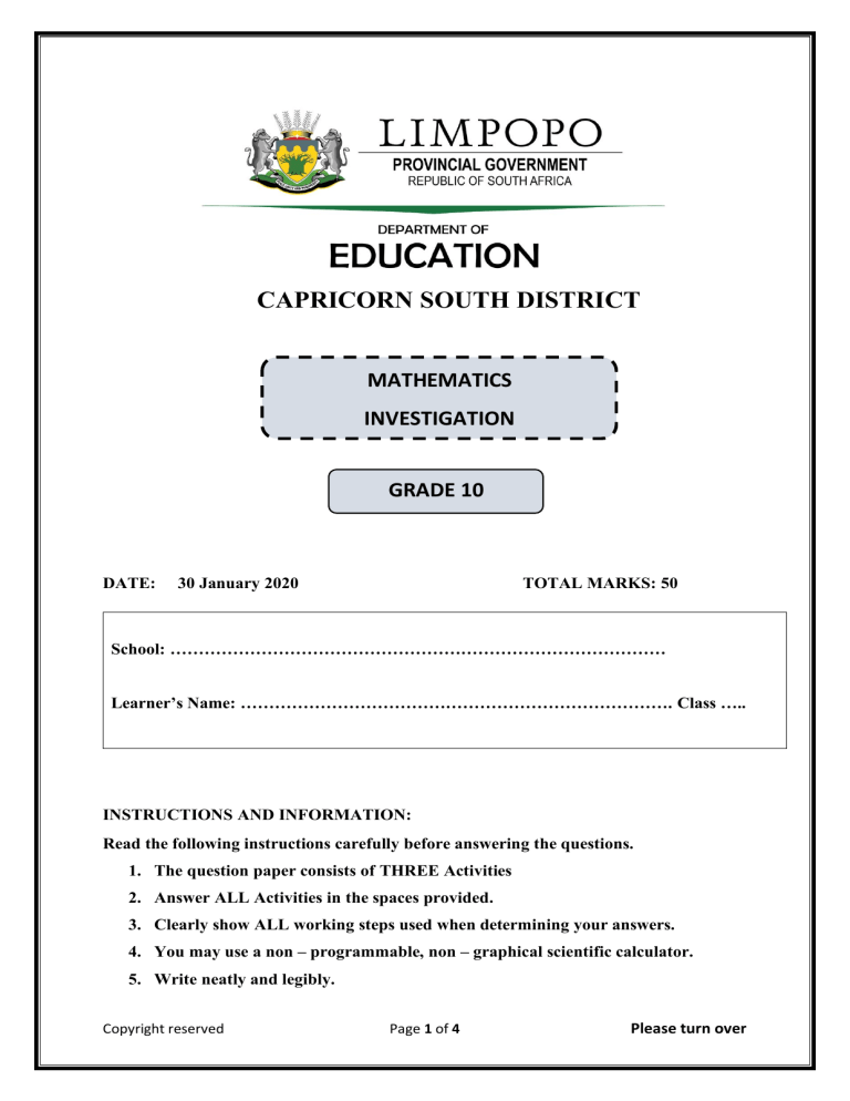 GRADE 10 MATHS INVESTIGATION Jan 2020 GRADE 10 MATHS INVESTIGATION Jan 2020