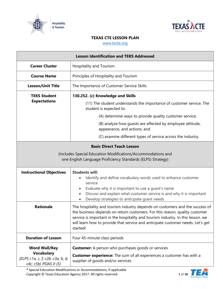 Lesson Plan The Importance Of Customer Service Skills 1 