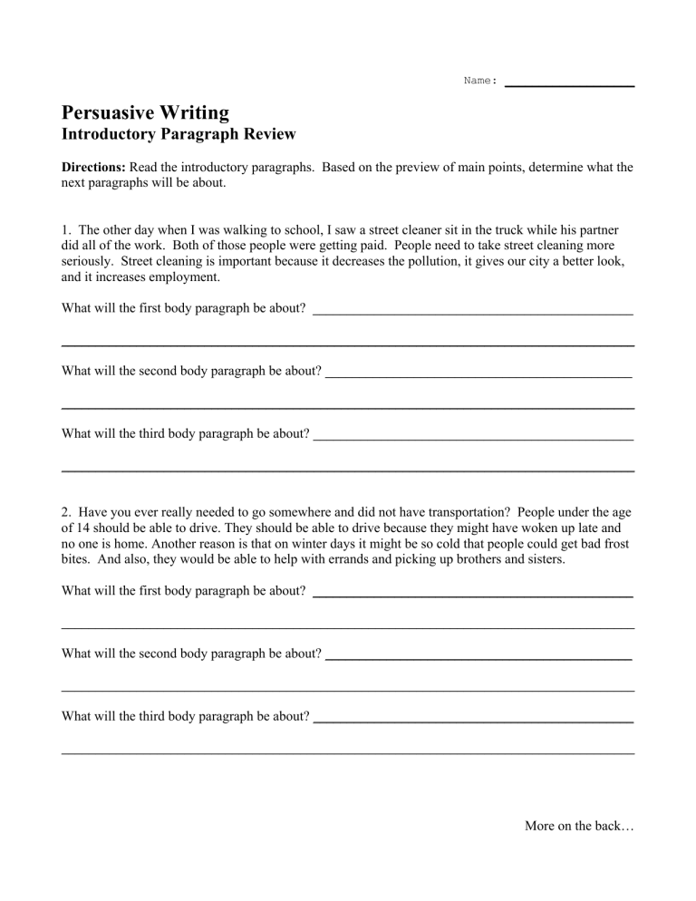 Persuasive Writing Intro Paragraph Review Worksheet