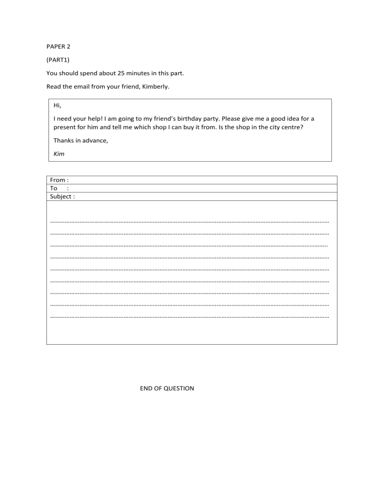English Form 1 Cefr Paper 2