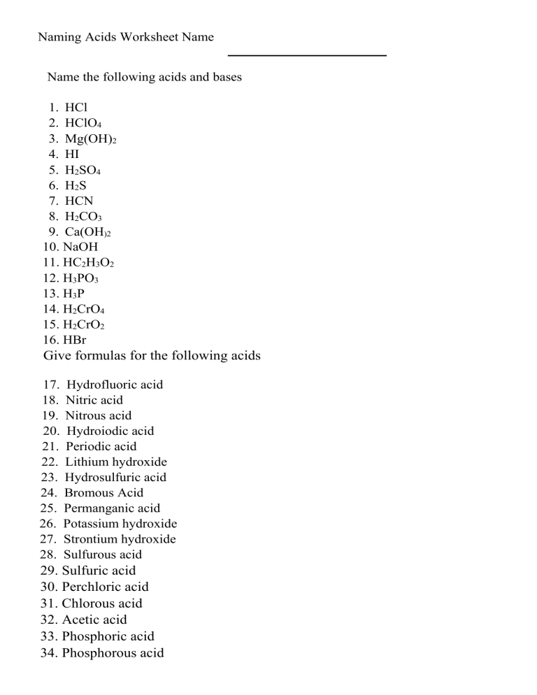 Naming Acids And Bases Practice