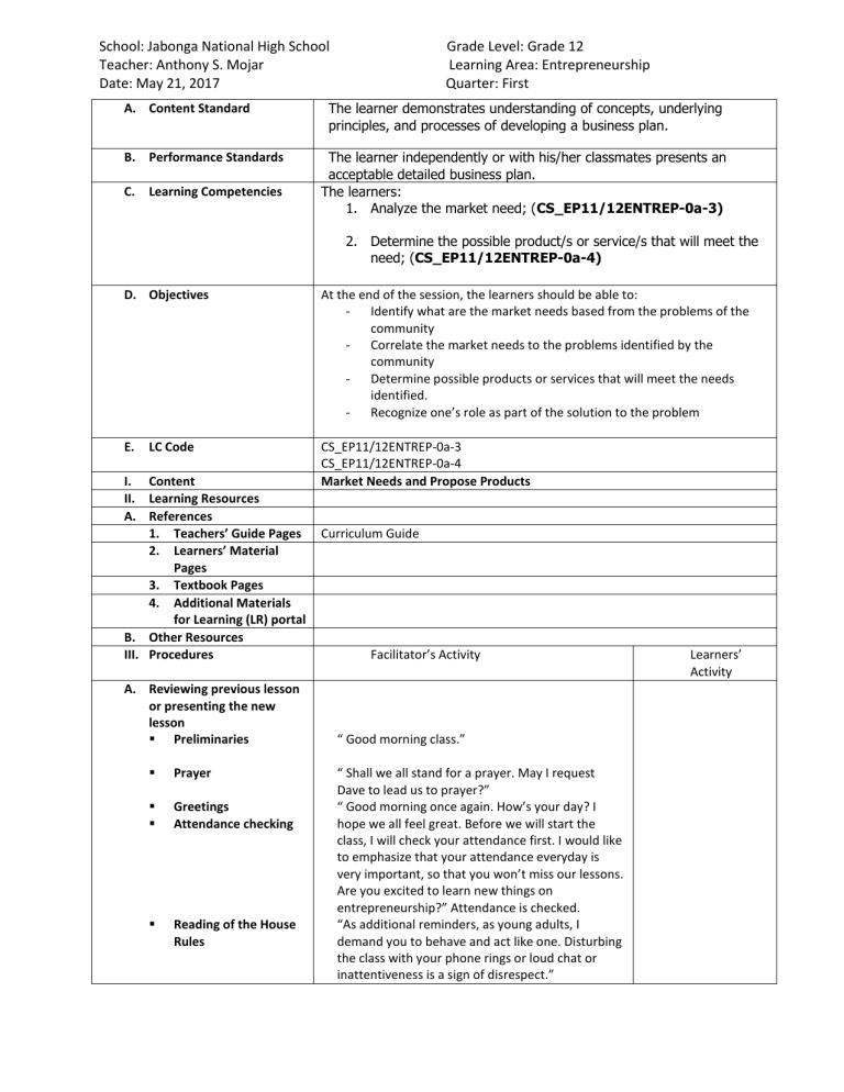 Entrepreneurship Market Needs Product Proposals