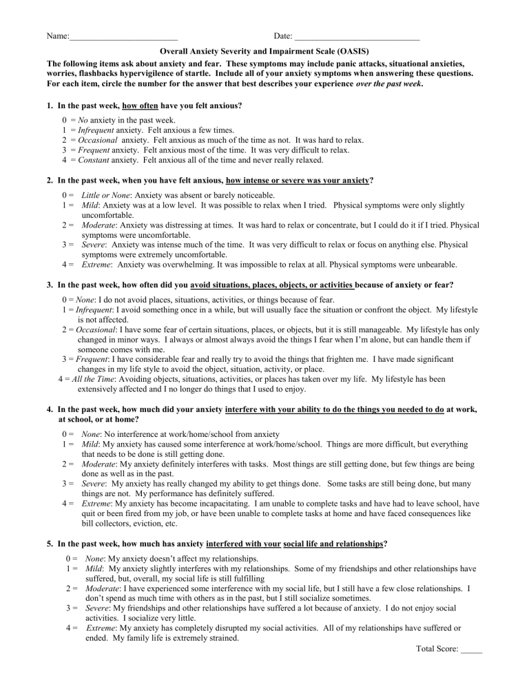OASIS Overall Anxiety Scale OASIS Overall Anxiety Scale