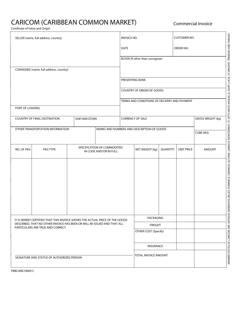 CARICOM Commercial Invoice