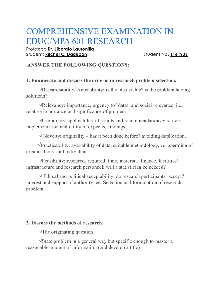 Research Exam: Problem Selection, Methods, Sampling