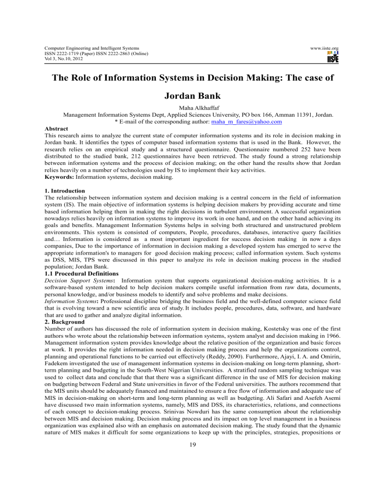 Information Systems in Decision Making: Jordan Bank Case