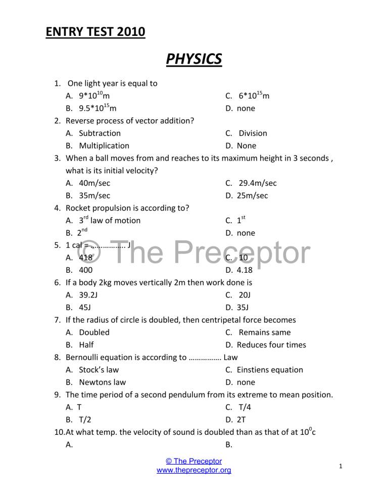 Entry Test 2010: Physics, Chemistry, Math