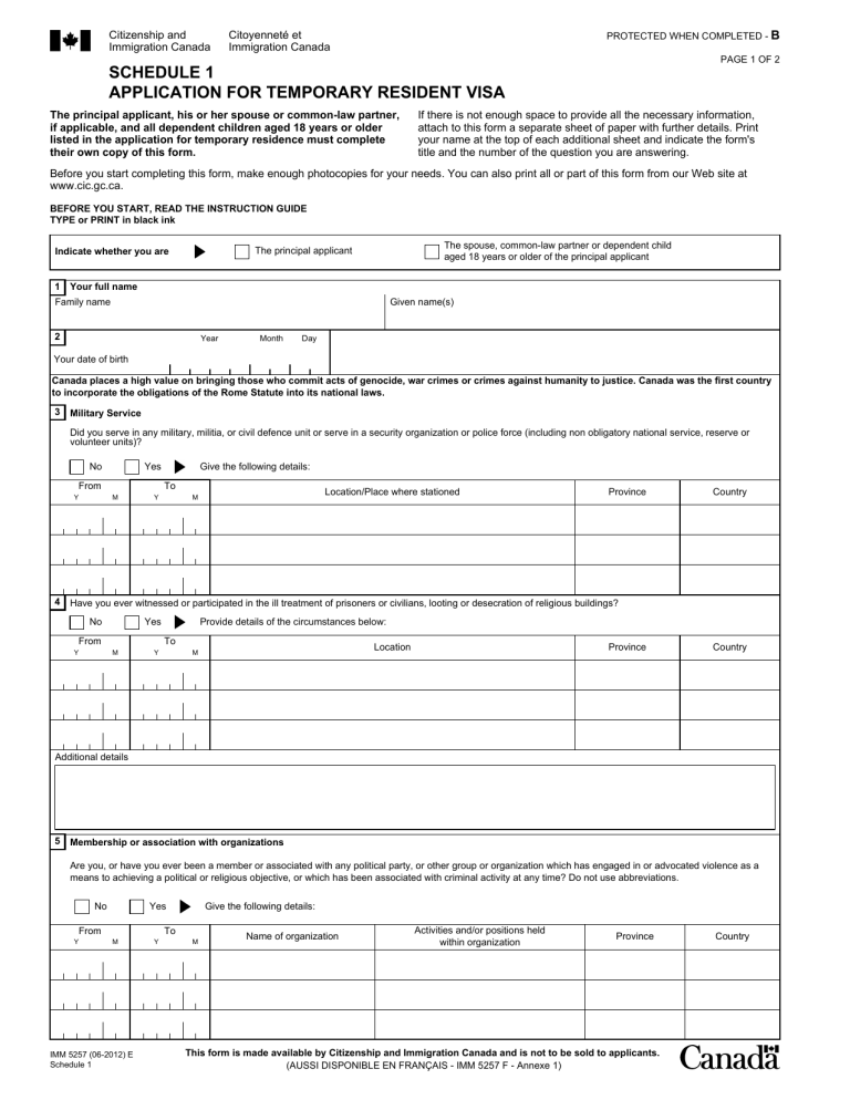 Canada IMM5257B Schedule 1 Form Canada IMM5257B Schedule 1 Form