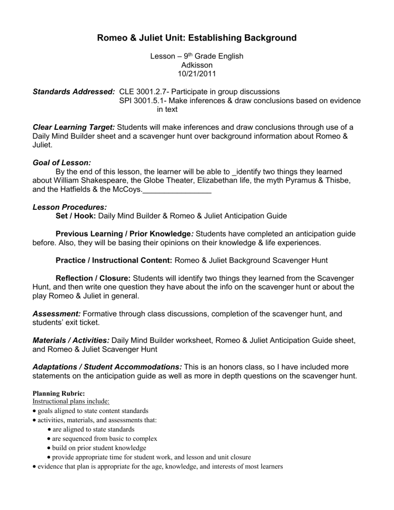 Romeo & Juliet Lesson Plan: Background & Inferences