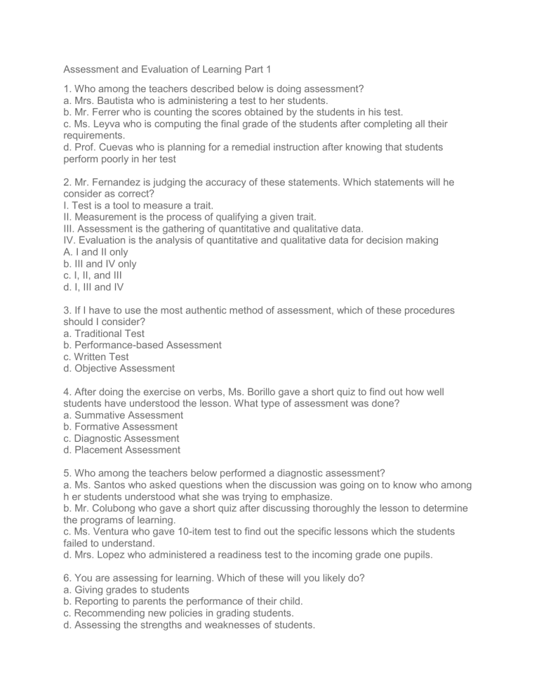 Assessment & Evaluation of Learning: Practice Questions