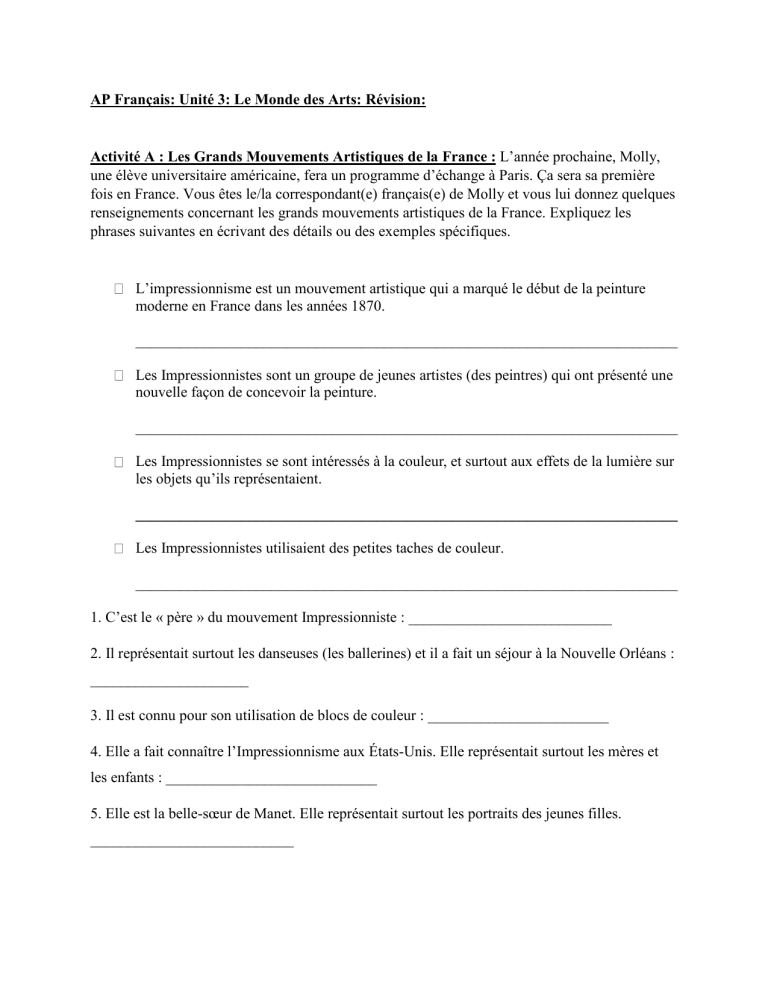 Mouvements Artistiques Français: Révision AP Français