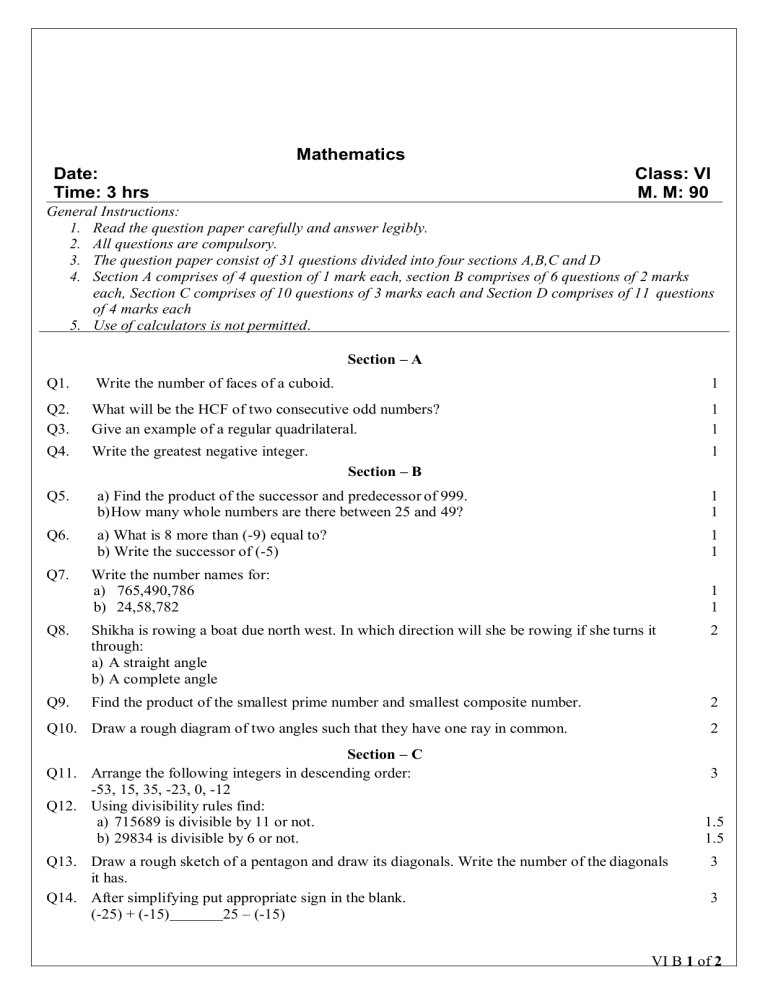 Class6 Mathematics Mathematics Question Paper 1