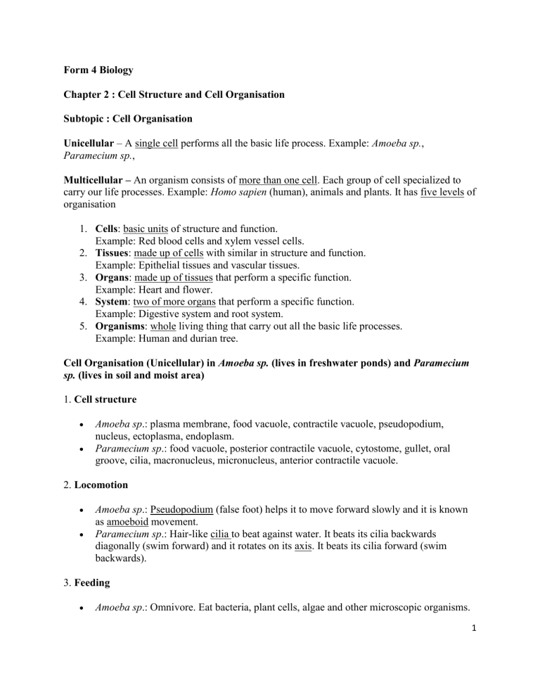 F4 chapter 2 cell organisation notes