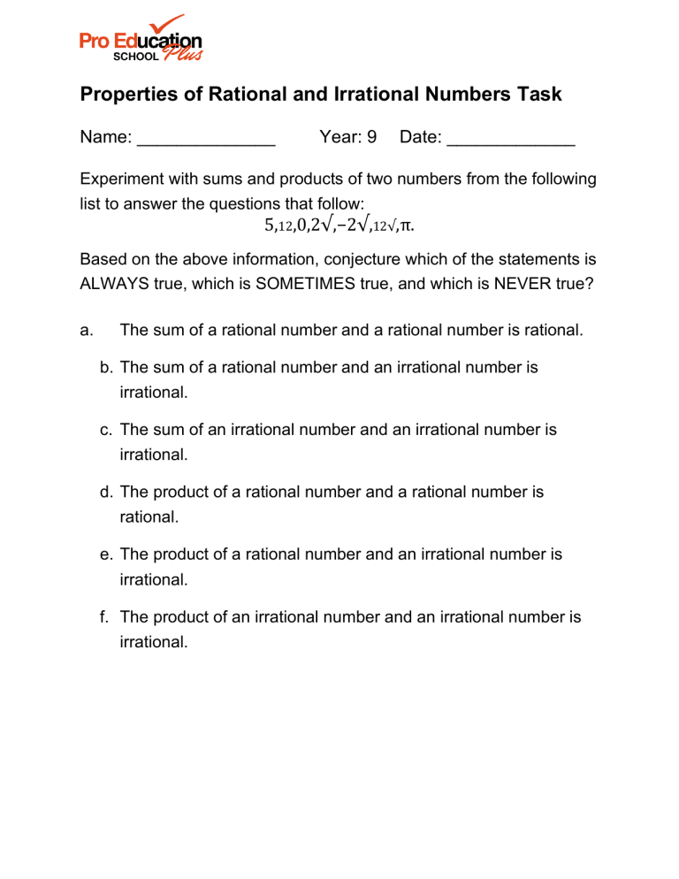 Properties Of Rational And Irrational Numbers Task Properties Of Rational And Irrational Numbers Task