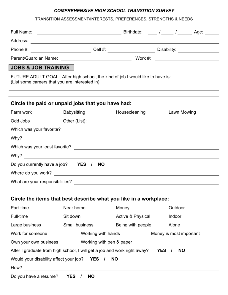 High School Transition Survey: Interests & Needs Assessment