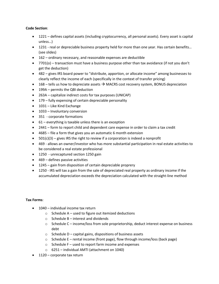 Tax Code Sections Tax Code Sections