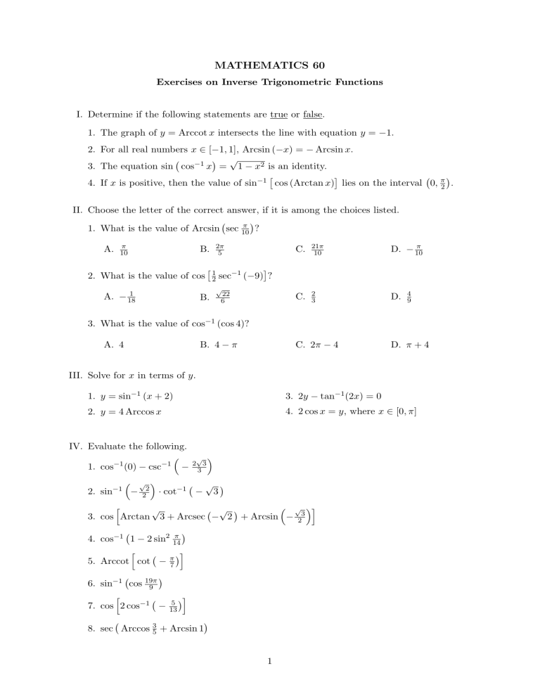 Inverse Trigonometric Functions Worksheet Inverse Trigonometric Functions Worksheet