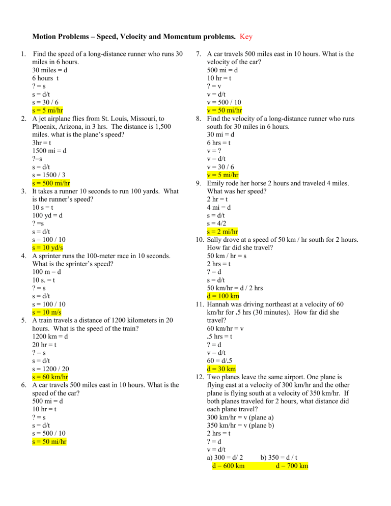 Motion Problems Worksheet Key Motion Problems Worksheet Key