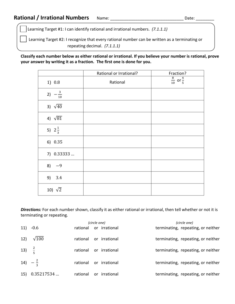 37 Classifying Rational And Irrational Worksheet 37 Classifying Rational And Irrational Worksheet