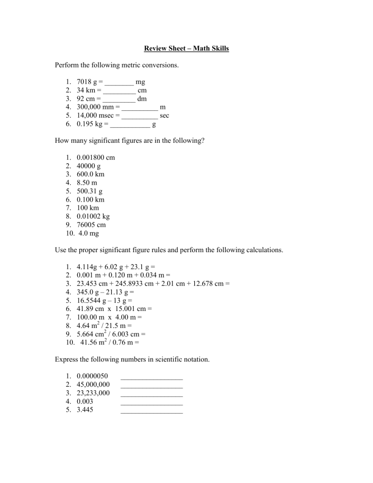 Metric And Math Review Sheet Metric And Math Review Sheet