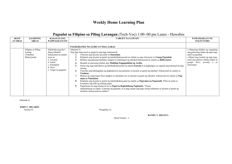 Weekly Home Learning Plan Filipino Tech Voc